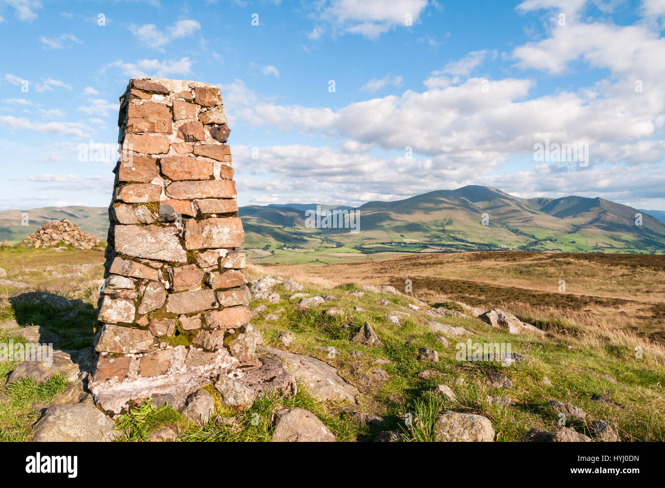 Trigpoint on the summit of Binsey in the English Lake District with a ...