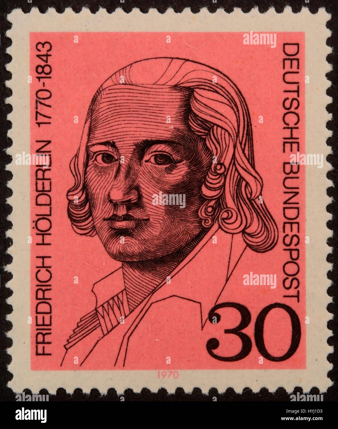 German stamp, portrait of the German lyric poet Friedrich Hölderlin ...