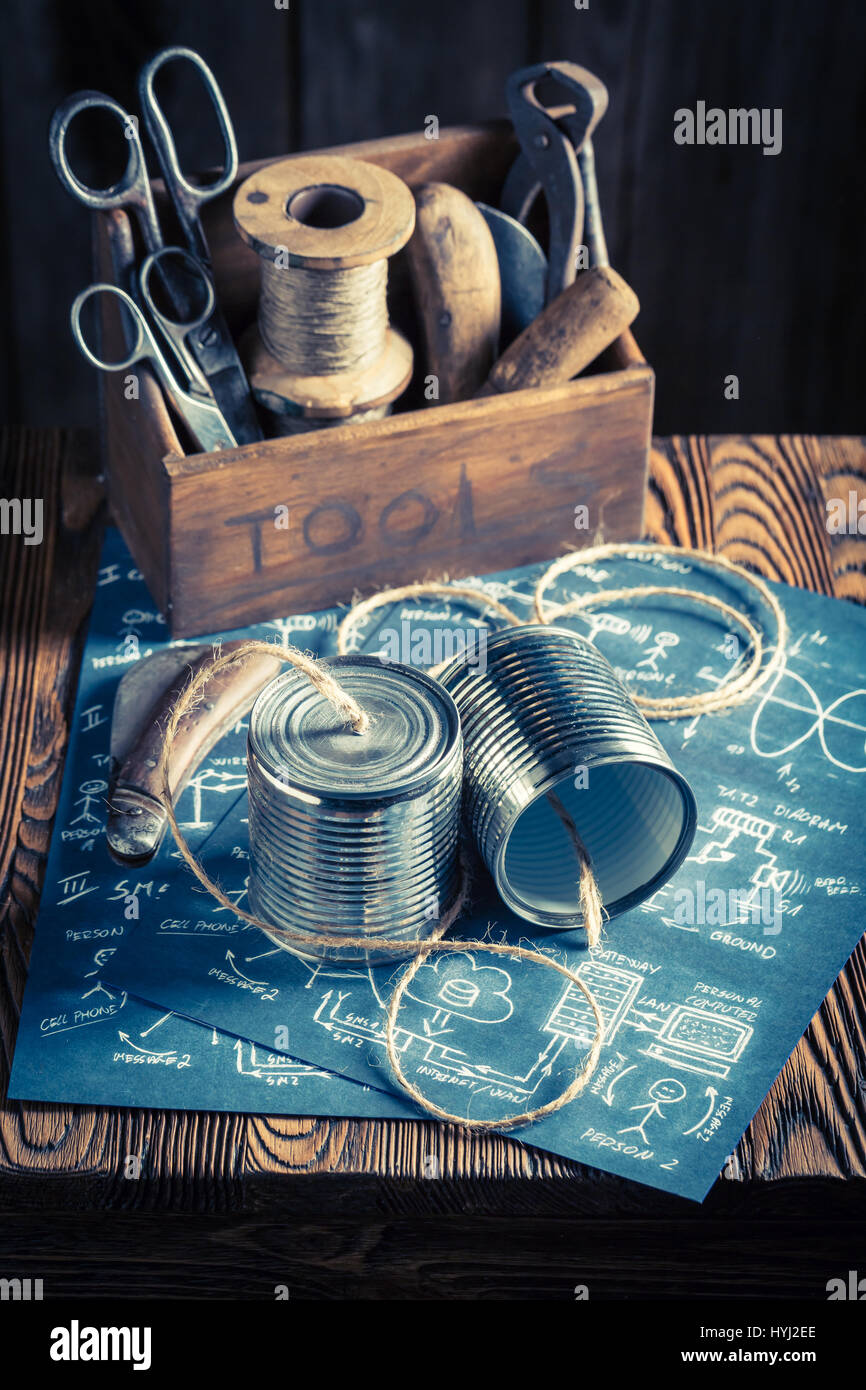 Retro analog telephone made of cans and string Stock Photo - Alamy