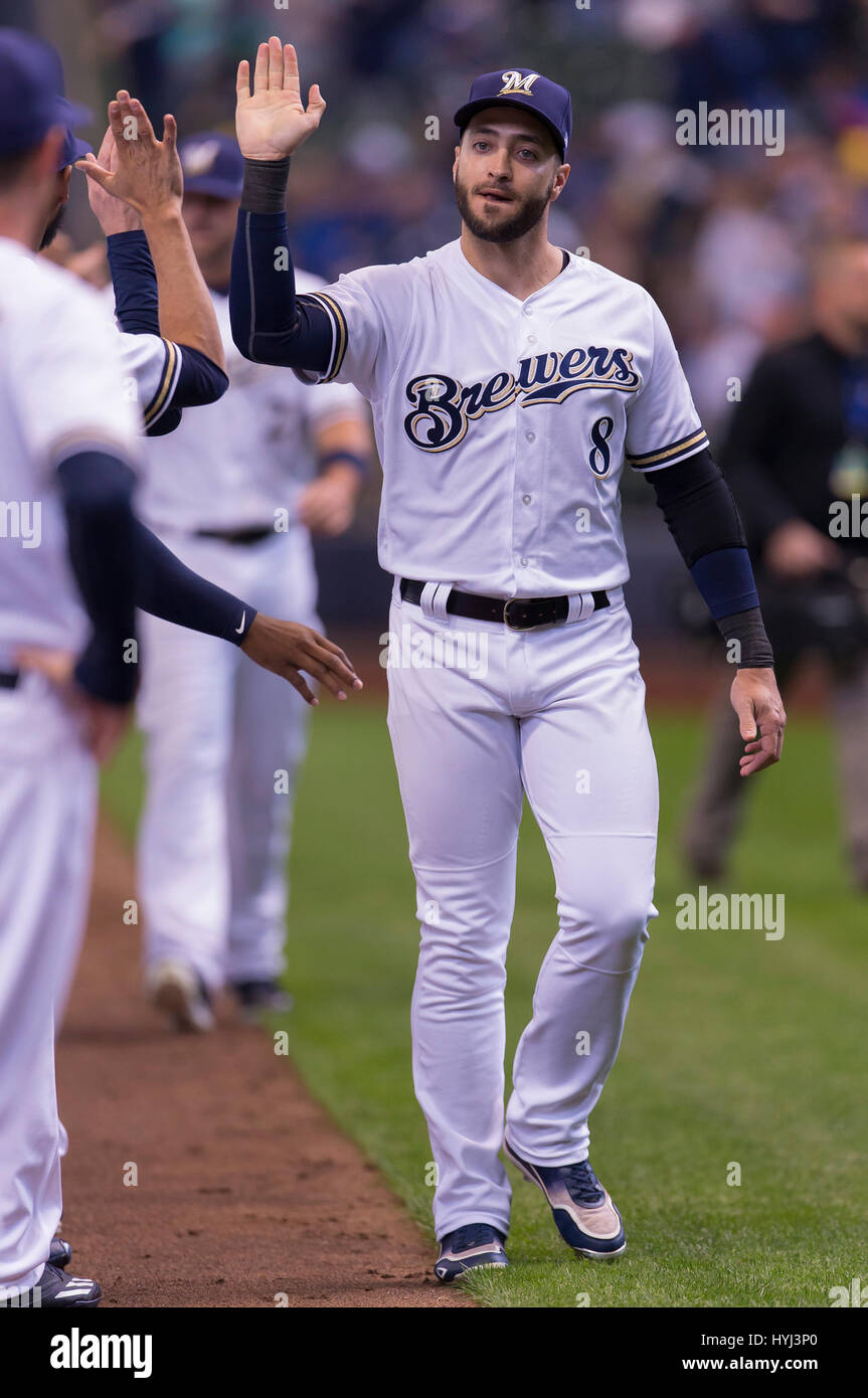 April 03, 2017: Milwaukee Brewers left fielder Ryan Braun #8 is ...