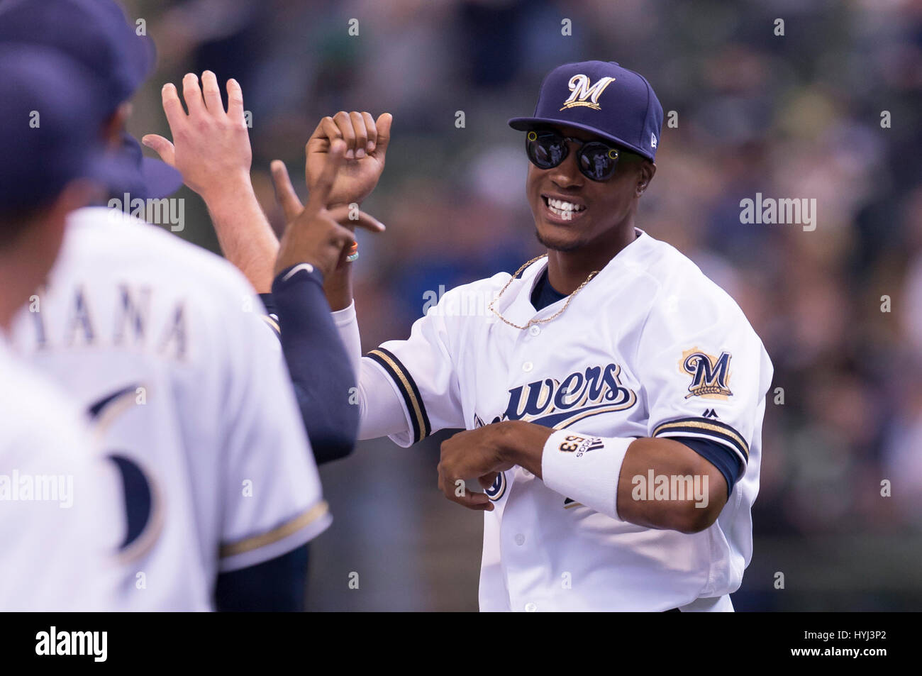 April 03, 2017: Milwaukee Brewers center fielder Keon Broxton #23 is ...
