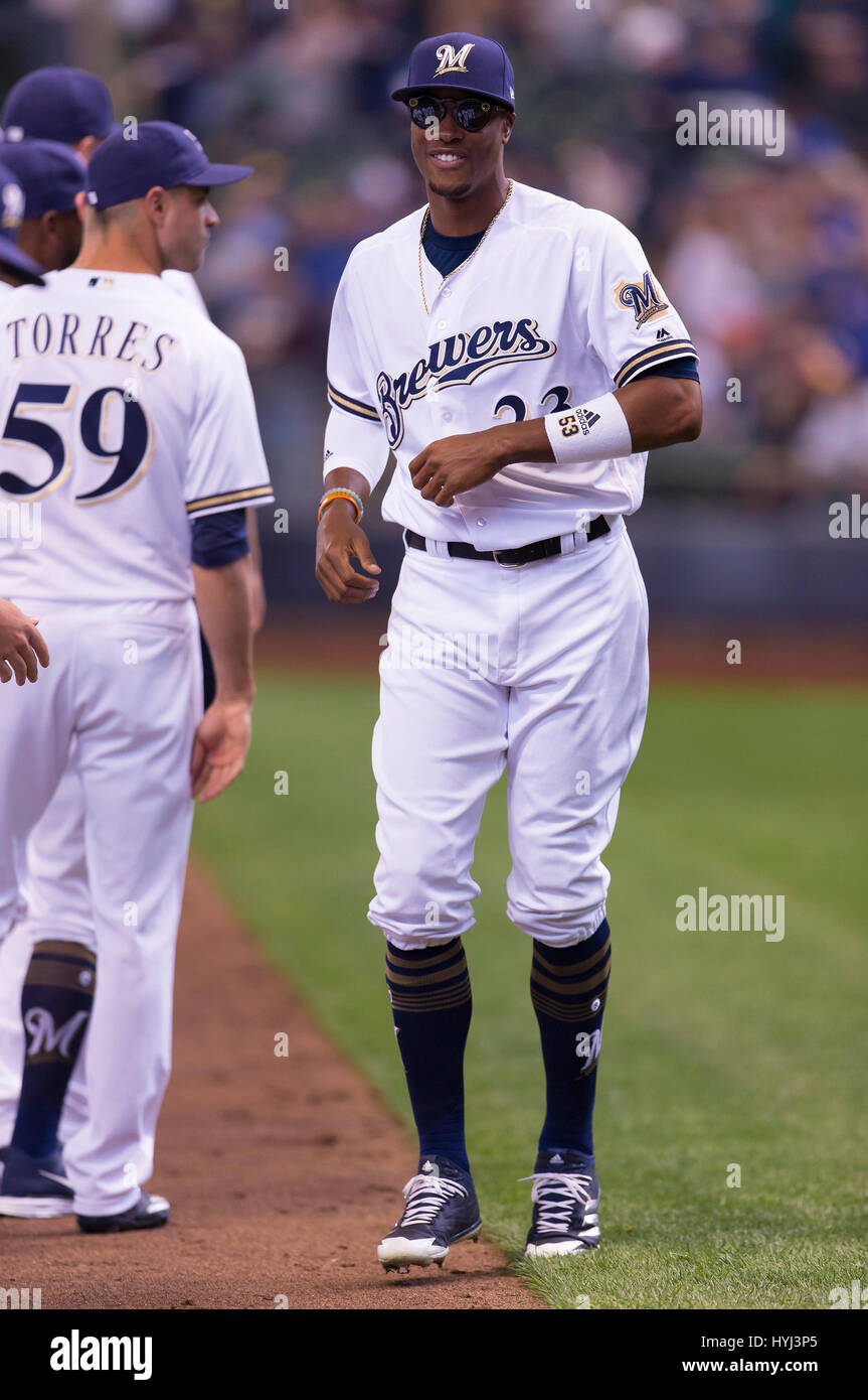 April 03, 2017: Milwaukee Brewers center fielder Keon Broxton #23 is ...