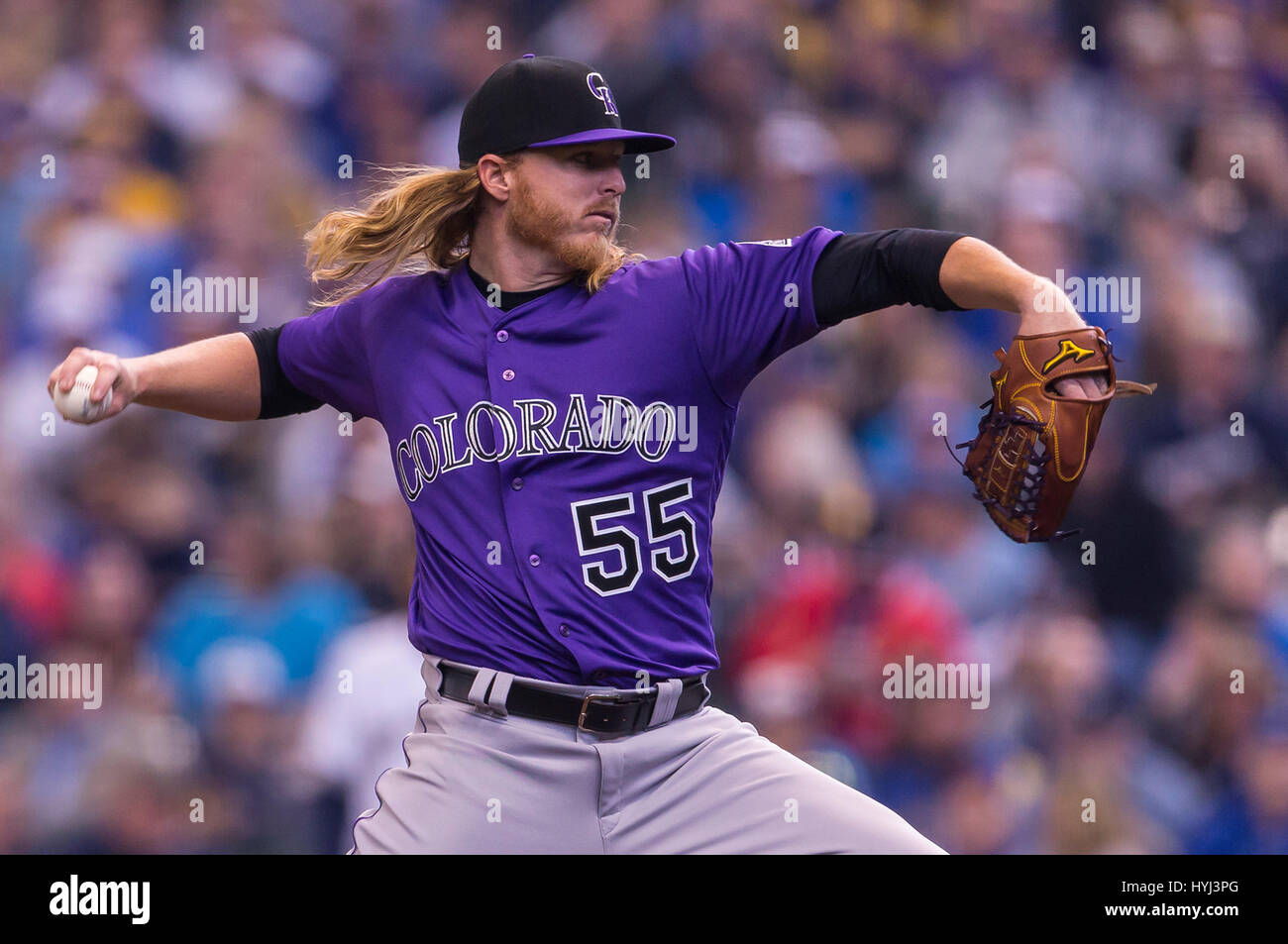 April 03, 2017: Colorado Rockies starting pitcher Jon Gray #55 delivers ...