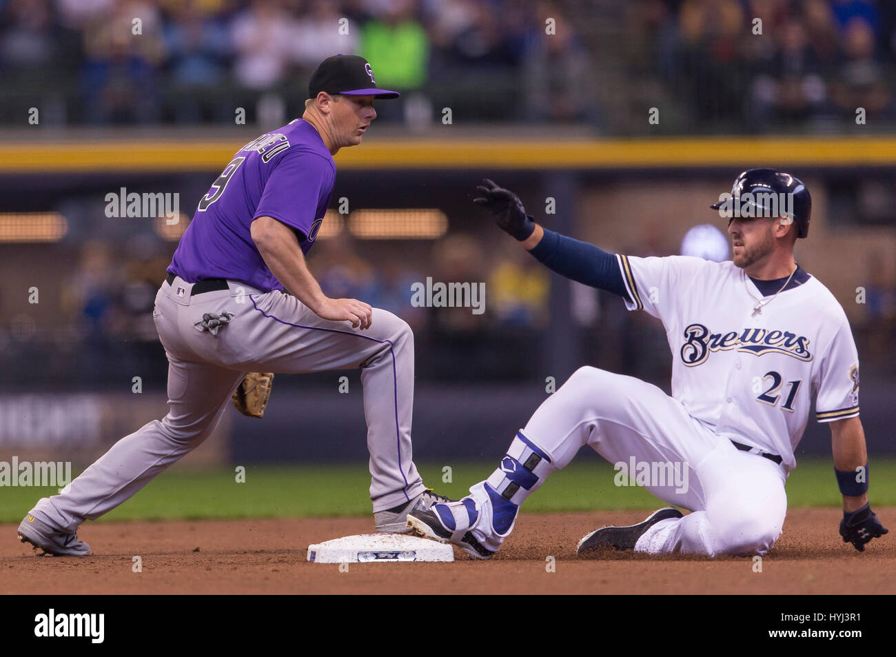 April 03, 2017: Milwaukee Brewers third baseman Travis Shaw #21 slides ...