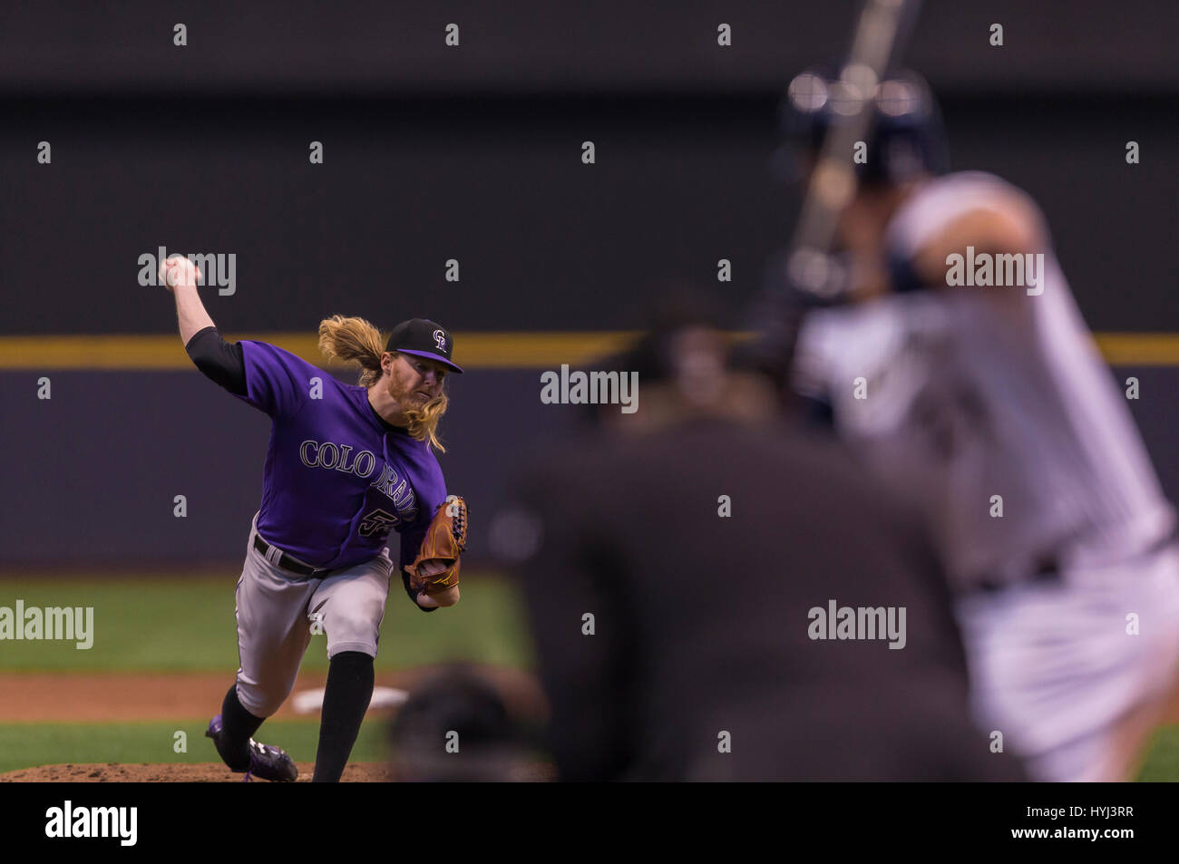 April 03, 2017: Colorado Rockies starting pitcher Jon Gray #55 delivers ...