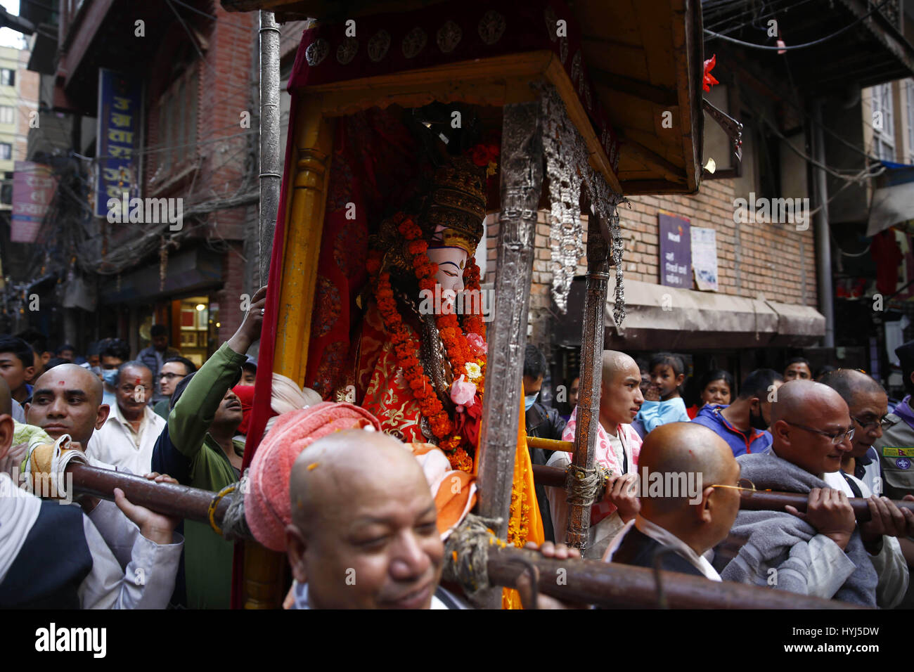 Kathmandu, Nepal. 4th Apr, 2017. Nepalese priests carry the idol of ...