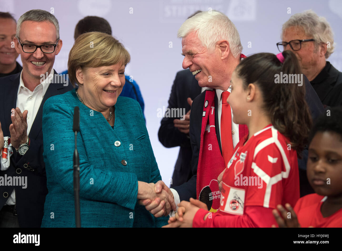 Cologne, Germany. 04th Apr, 2017. German Chancellor Angela Merkel (C-L ...