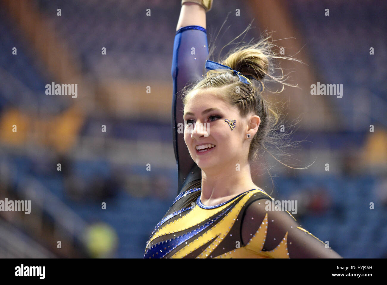 Morgantown, West Virginia, USA. 1st Apr, 2017. WVU gymnast ABBY KAUFMAN ...