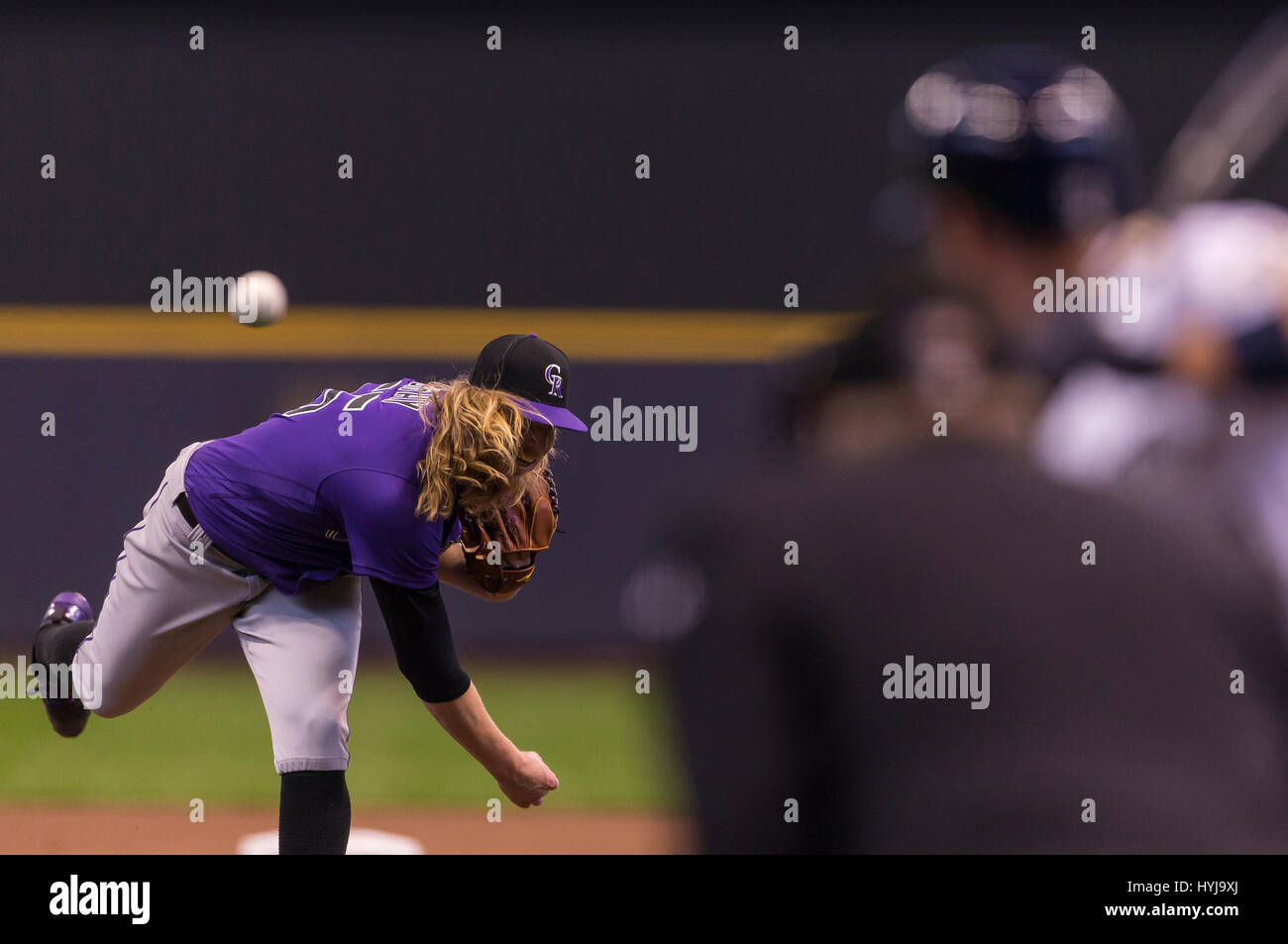 Milwaukee, WI, USA. 03rd Apr, 2017. Colorado Rockies starting pitcher ...
