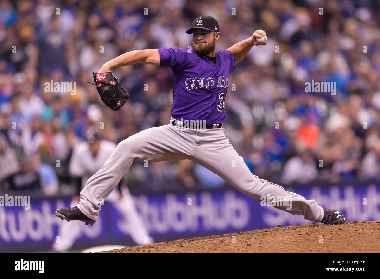 Milwaukee, WI, USA. 03rd Apr, 2017. Colorado Rockies relief pitcher ...
