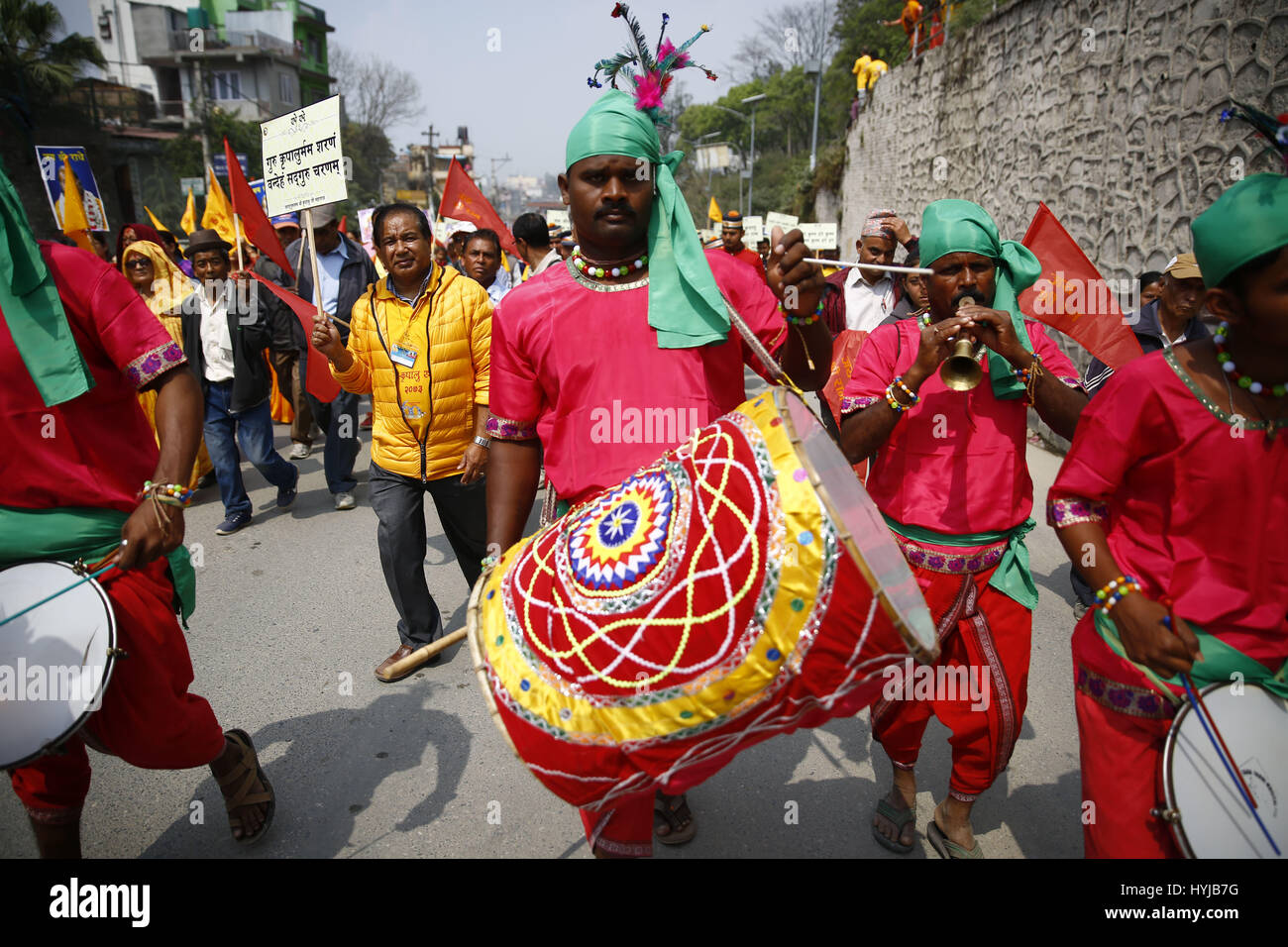 Kathmandu, Nepal. 5th Apr, 2017. Hindu devotees play traditional ...