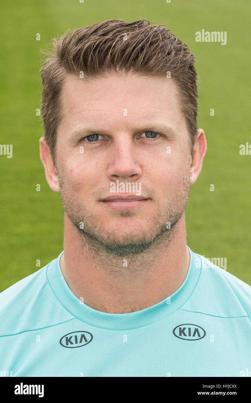 Surrey, UK. 4 April, 2017. Surrey Cricketer Stuart Meaker in the new ...