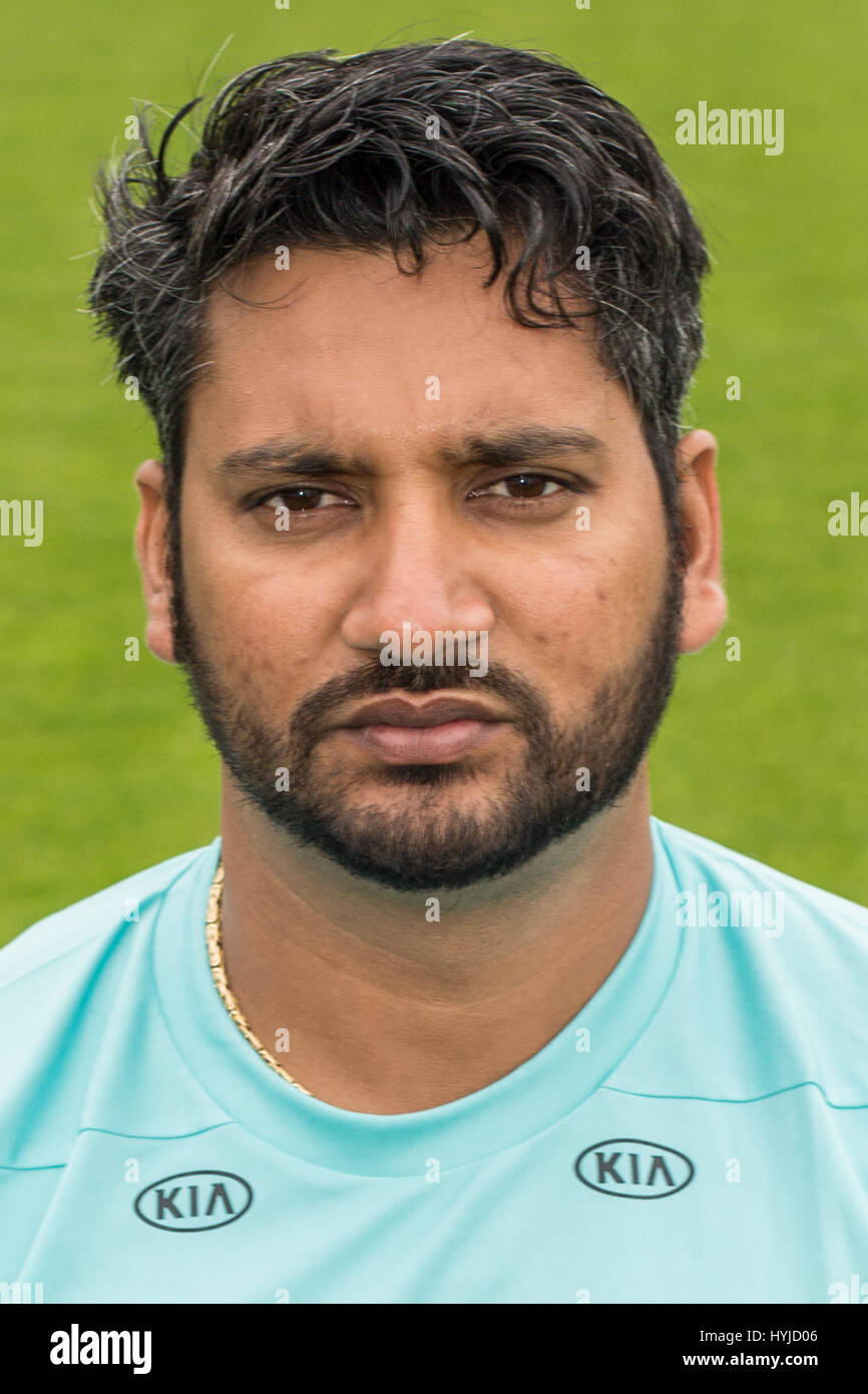 Surrey, UK. 4 April, 2017. Surrey Cricketer Ravi Rampaul in the new ...
