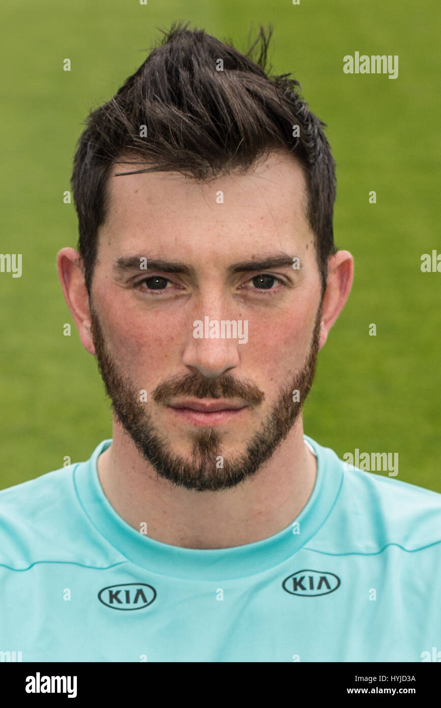 Surrey, UK. 4 April, 2017. Surrey Cricketer Mark Footitt in the new ...