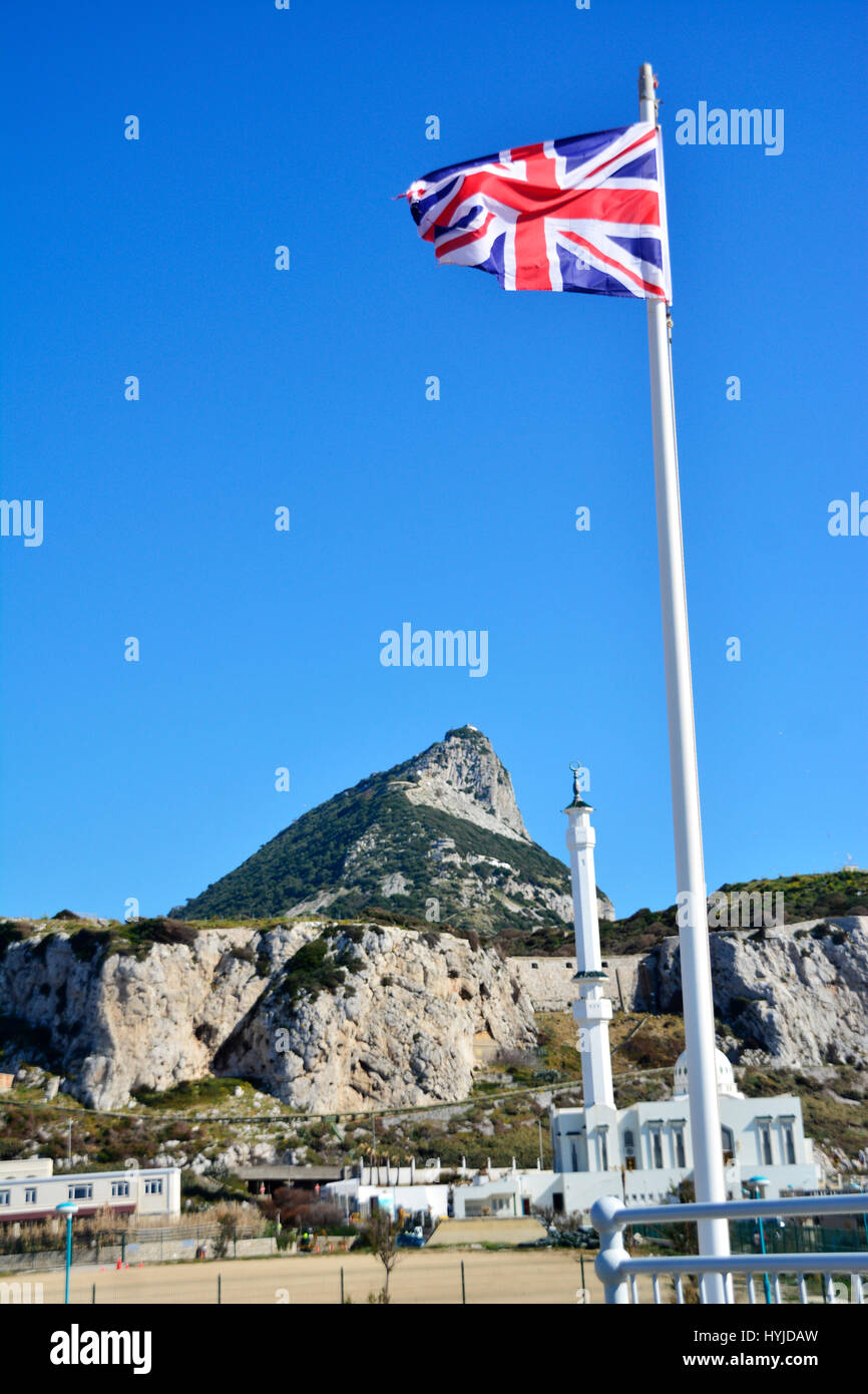 Gibraltar - 5th April 2017 - The British flag flying at the southern ...