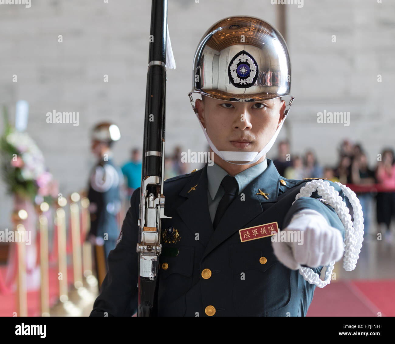 Taipei, Taiwan. 5th April, 2017. A member of the honor guard at the Chiang Kai-shek Memorial ...