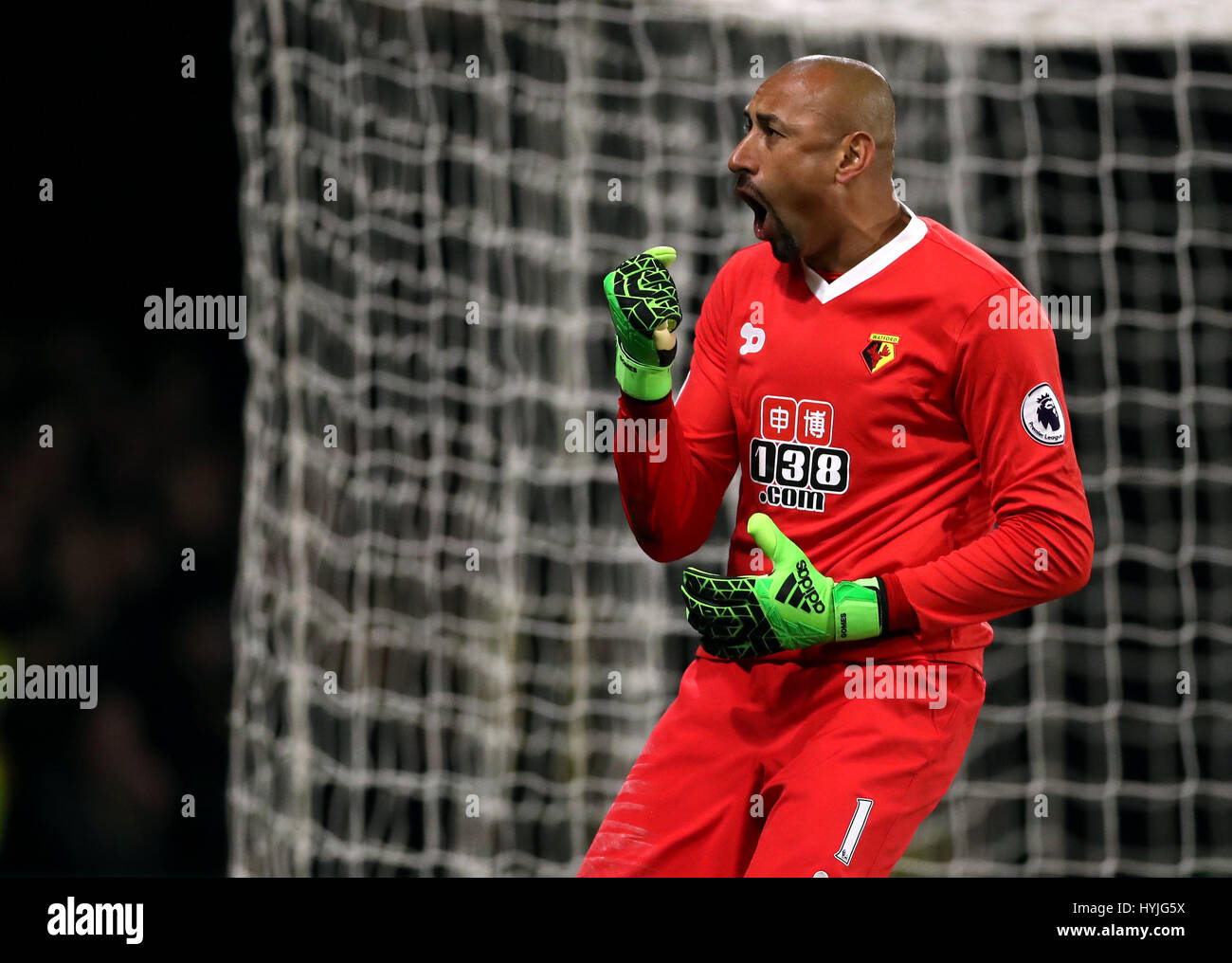 Watford goalkeeper Heurelho Gomes celebrates his side's first goal ...