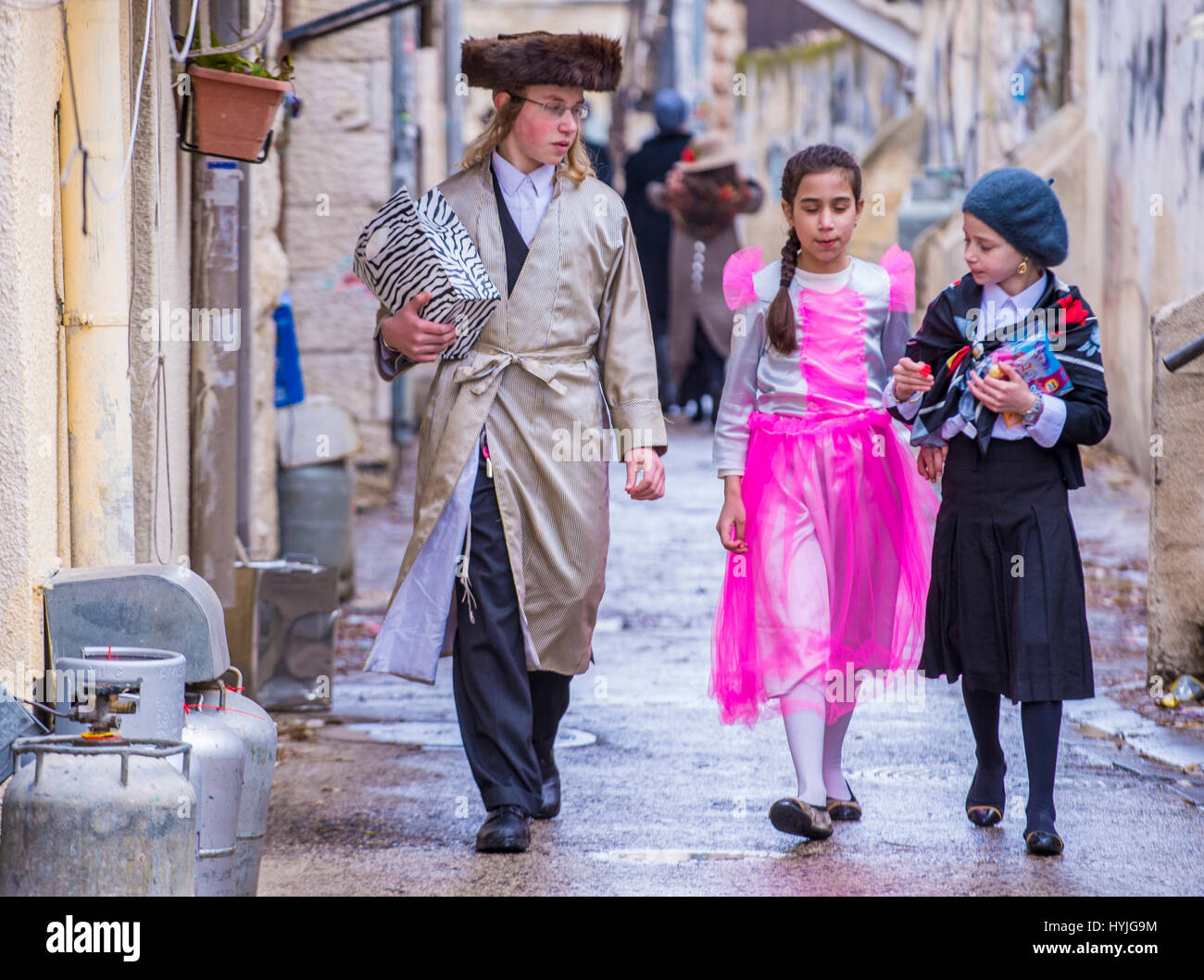 JERUSALEM - MARCH 13 : Ultra Orthodox family during Purim in Mea ...