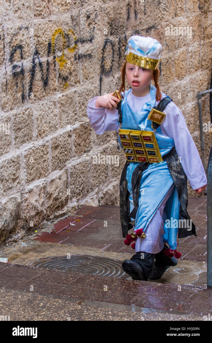 JERUSALEM - MARCH 13 : Ultra Orthodox child during Purim in Mea Shearim ...