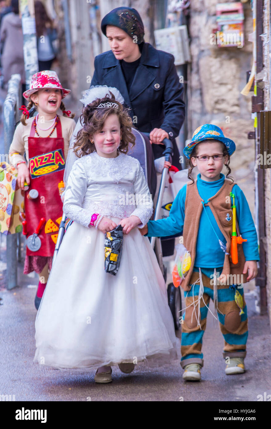 JERUSALEM - MARCH 13 : Ultra Orthodox Family during Purim in Mea ...