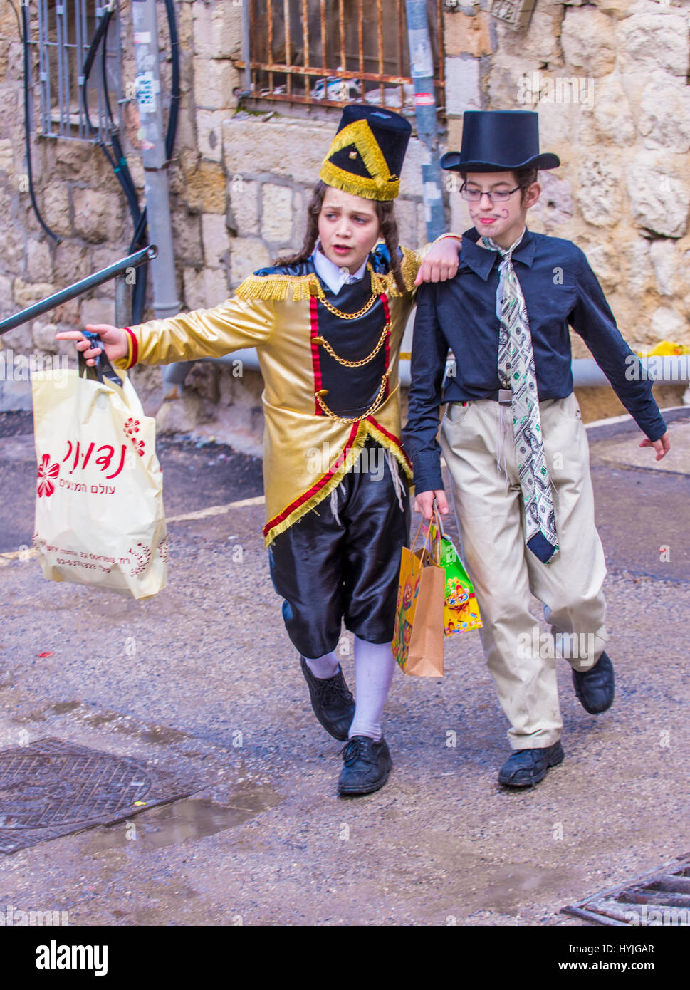 JERUSALEM - MARCH 13 : Ultra Orthodox boys during Purim in Mea Shearim ...