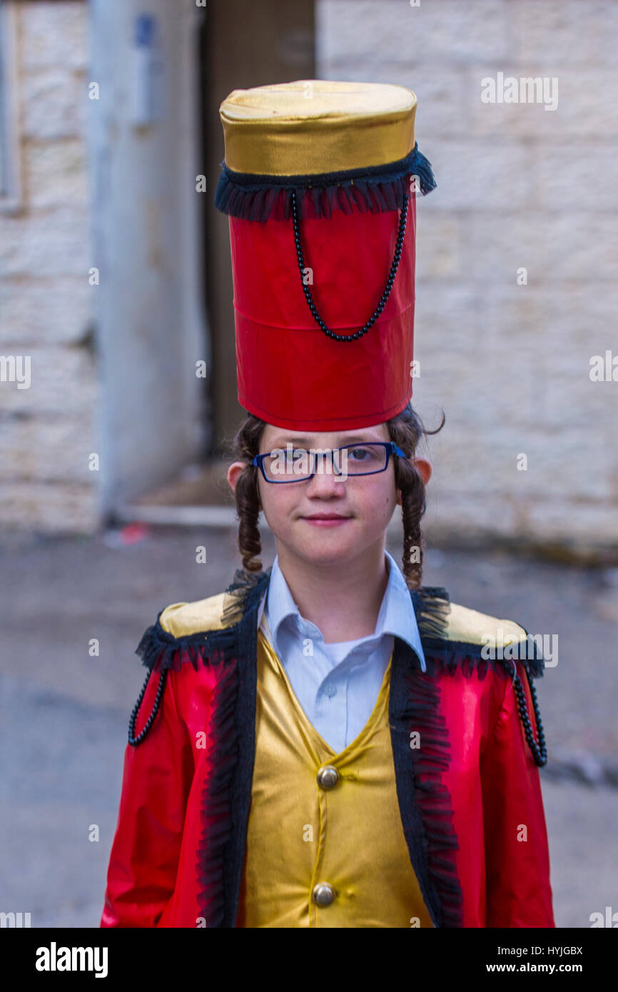 JERUSALEM - MARCH 13 : Ultra Orthodox child during Purim in Mea Shearim ...