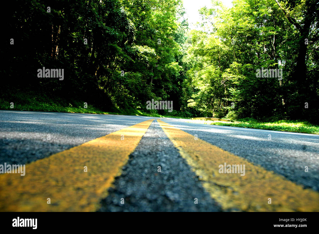 country road with double yellow low angle Stock Photo - Alamy