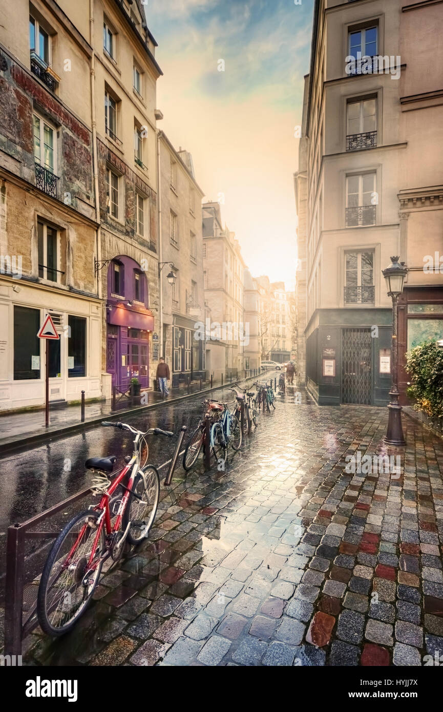 Rue des Grands Degrés at sunset after the rain. France. Paris Stock ...
