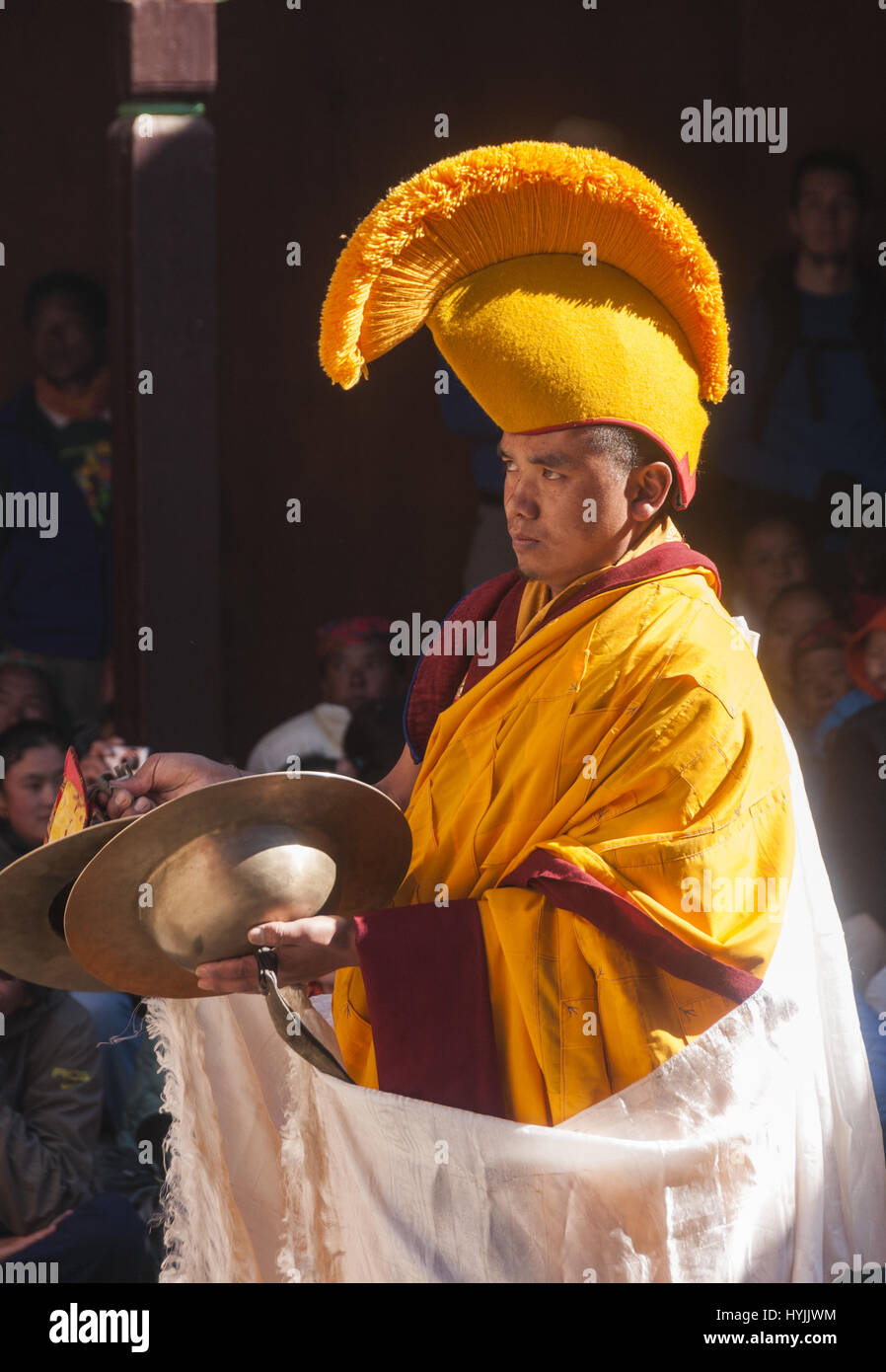 Nepal, Kumbu, Tengboche Monastery, Mani Rimdu celebration, Monk playing ...