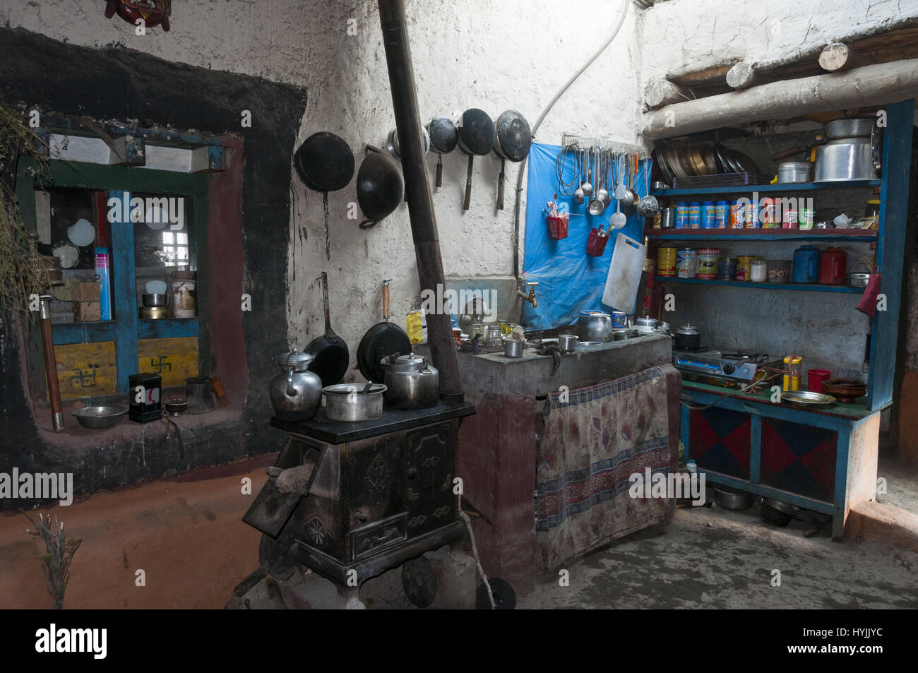 Nepal, Mustang trek, Yara, Nepalese kitchen with utinsels Stock Photo ...