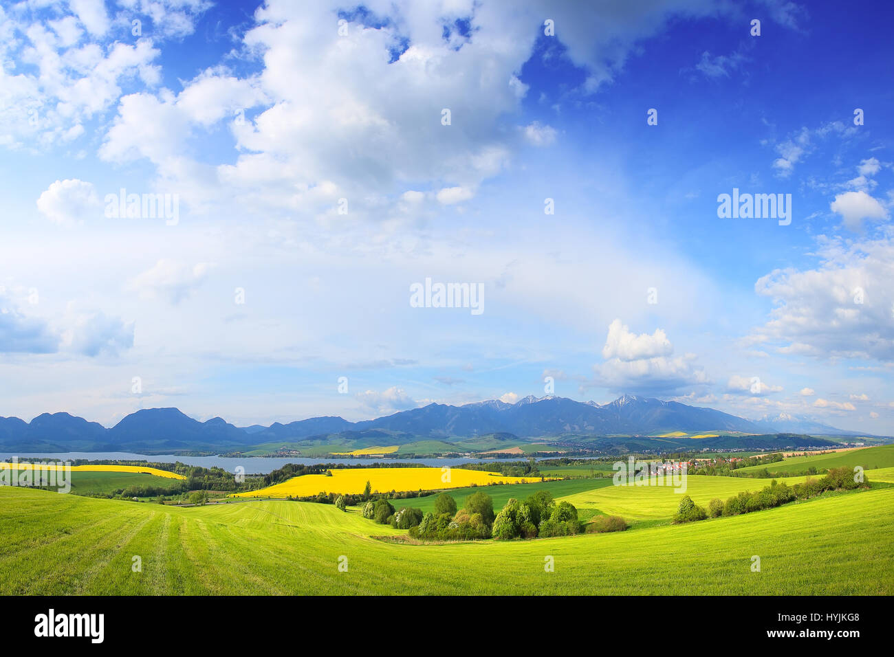 Bright summer day. Blue sky with white fluffy clouds over green meadow ...