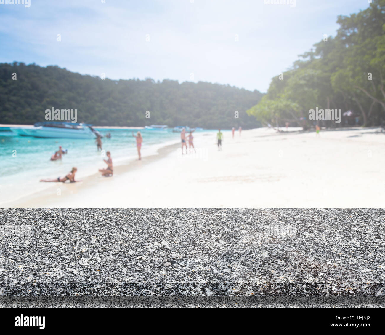 Marble Stone Table Top And Blur Background Of The Beach Stock Photo - Alamy