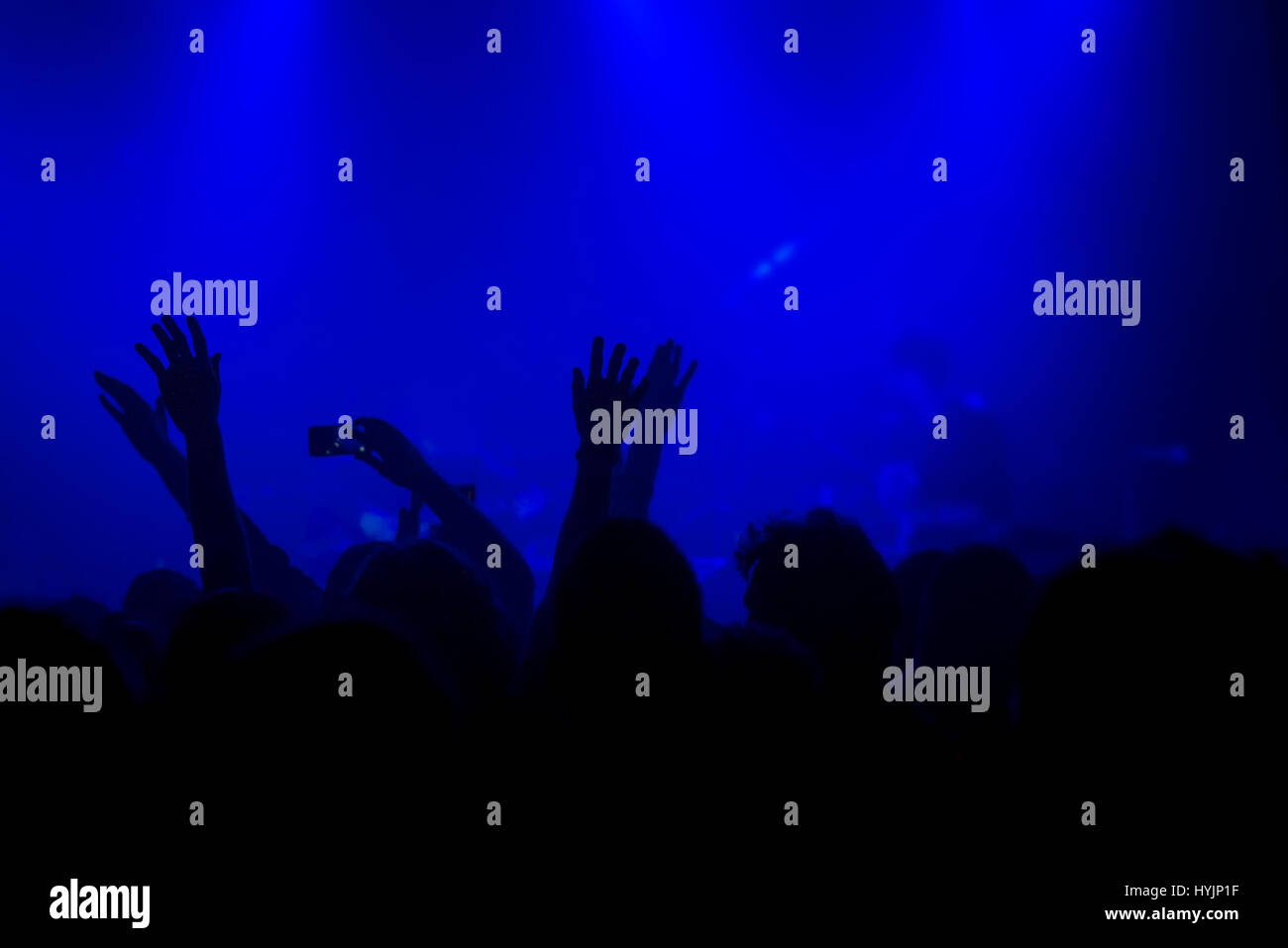 Music concert crowd, people at popular live rock performance, hands in ...