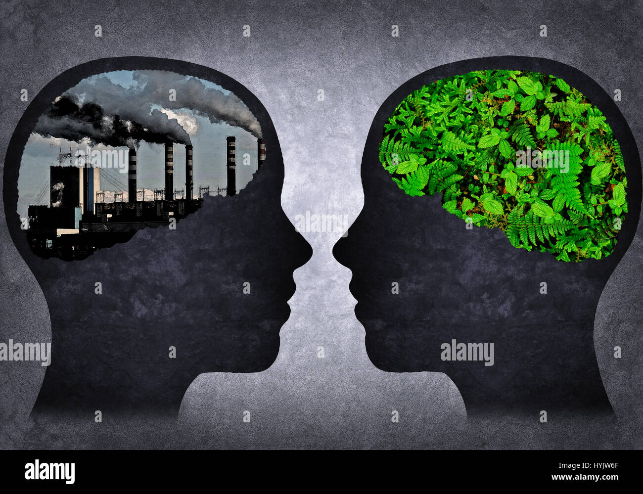 Heads with brain pollution and ecological brain Stock Photo - Alamy