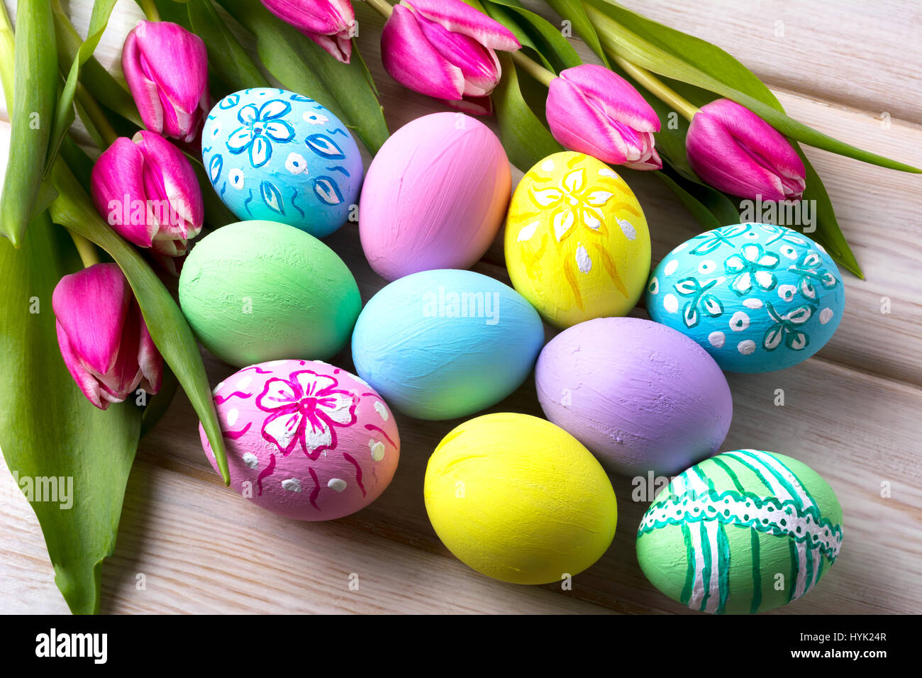 Easter vivid colors purple, blue, pink, green, yellow hand painted eggs ...