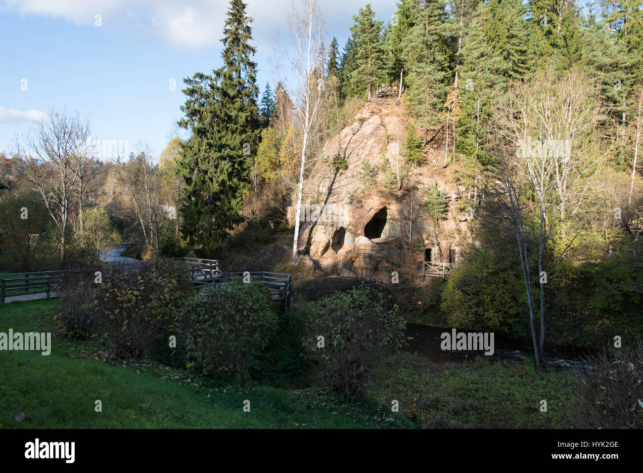ancient sandstone cliffs with inscriptions in the Gaujas National Park ...