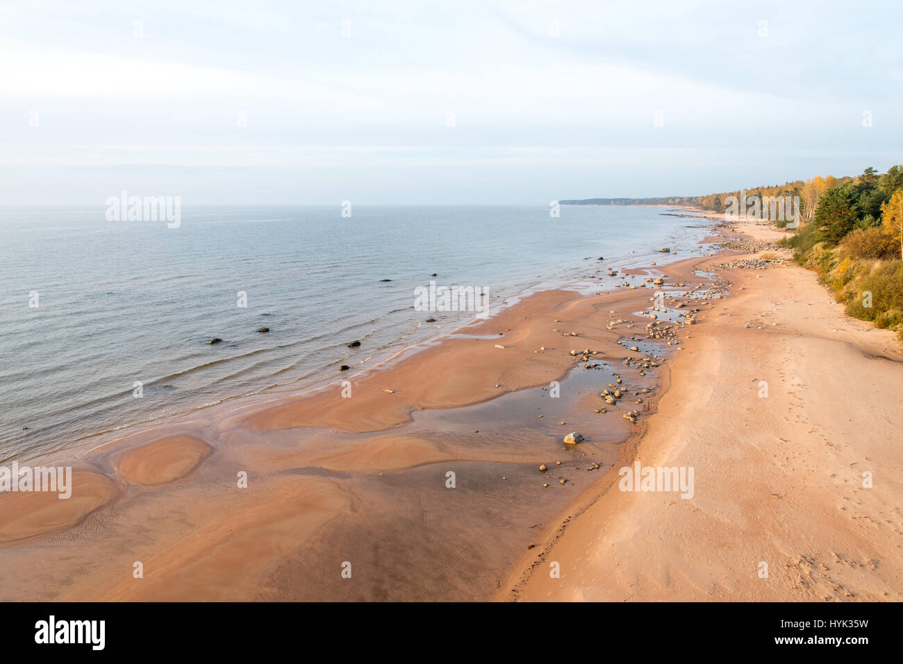 aerial view to the Shoreline of Baltic sea beach with rocks and sand ...