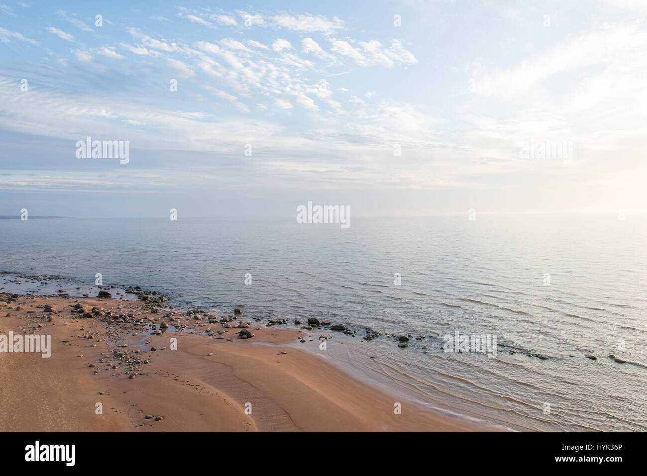 aerial view to the Shoreline of Baltic sea beach with rocks and sand ...