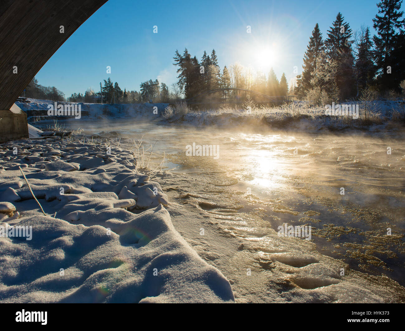 snowy winter river landscape with snow covered trees and blue sky Stock ...