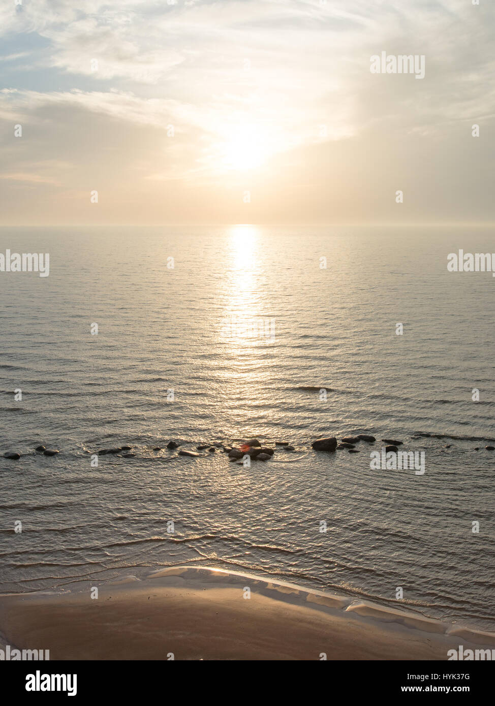aerial view to the Shoreline of Baltic sea beach with rocks and sand ...