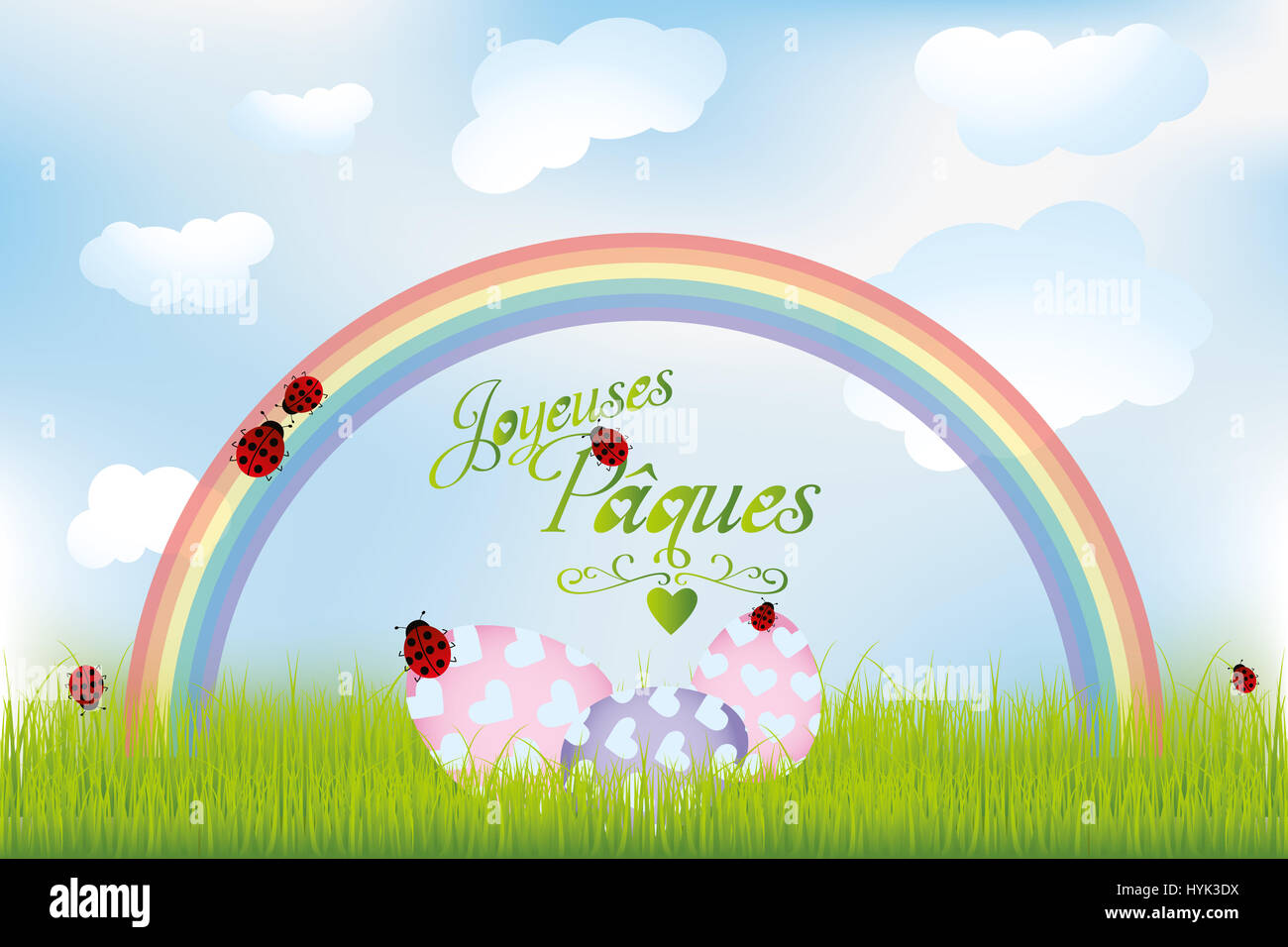 French Easter card with ladybugs on eggs in fresch green grass under ...