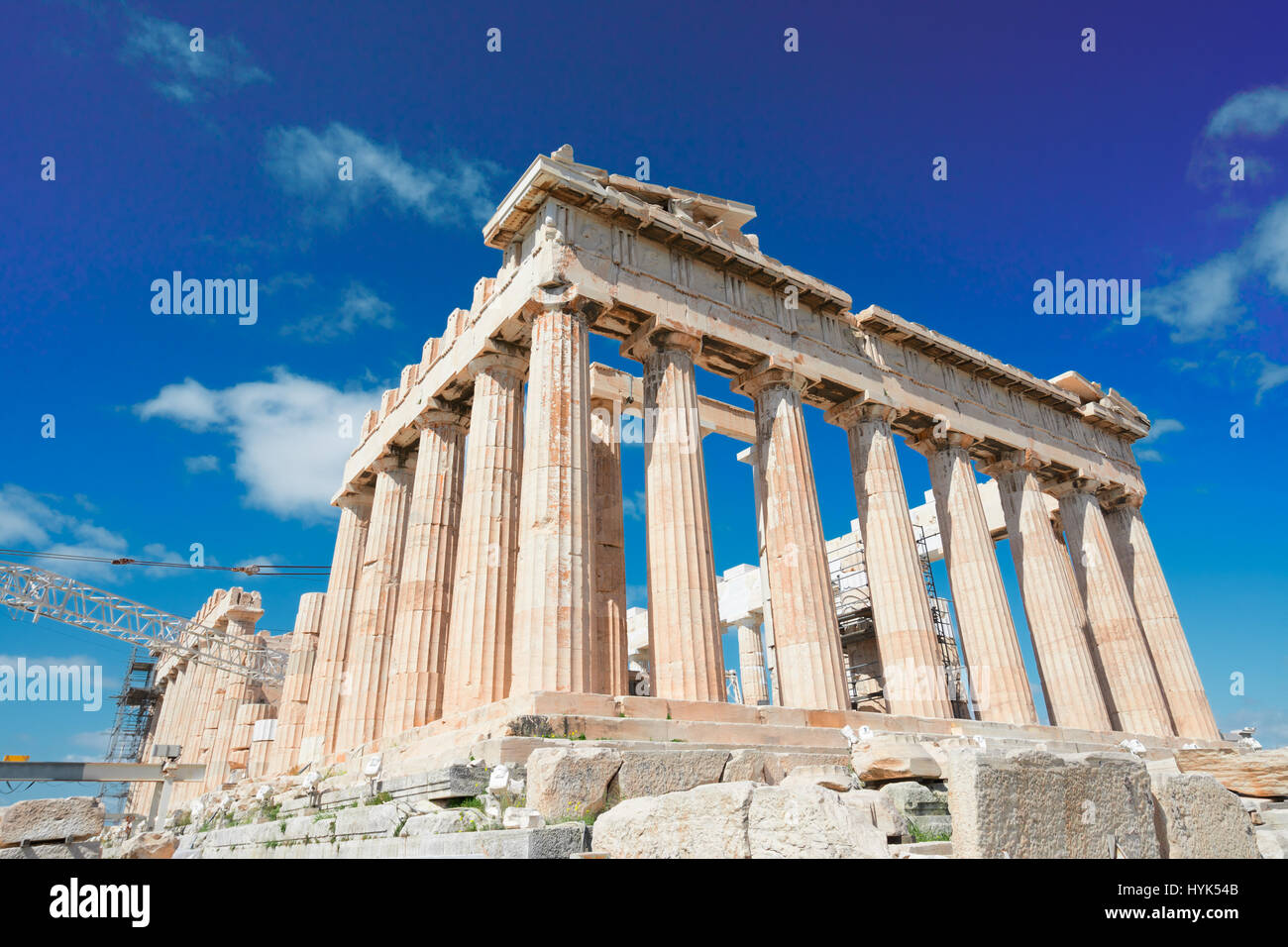 Parthenon temple over bright blue sky background, Acropolis hill ...