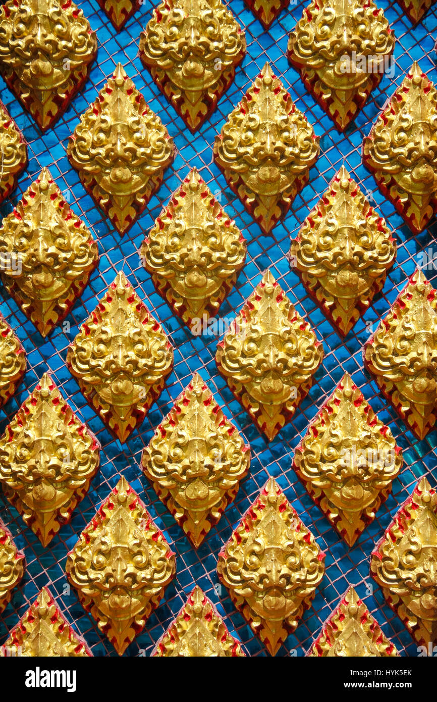Thai pattern inside Thai temple, giant patter on blue glass background ...
