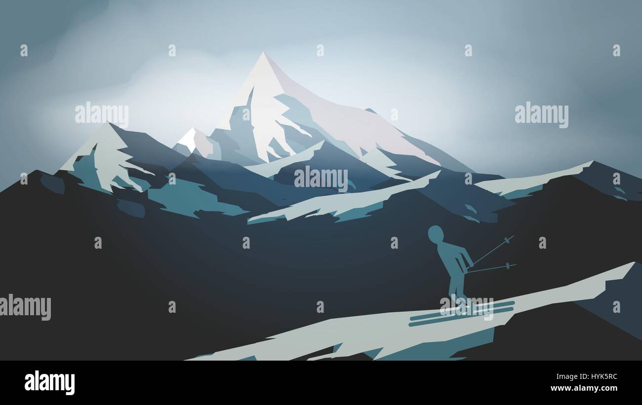 Mountain Landscape with Man Skiing - Vector Illustration Stock Vector ...