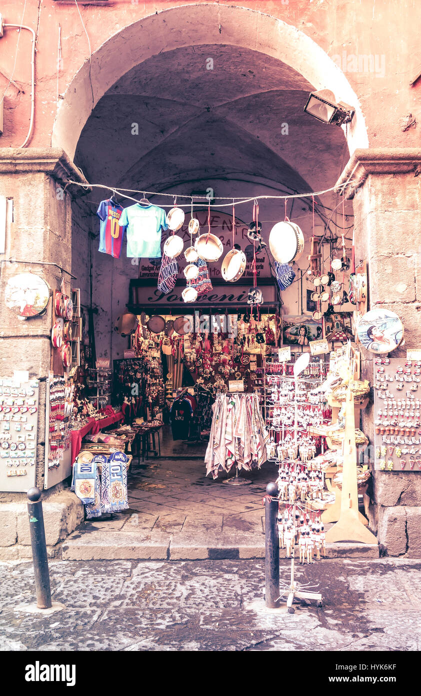 Naples, Italy - August 8, 2016: Traditional souvenir stall on the ...