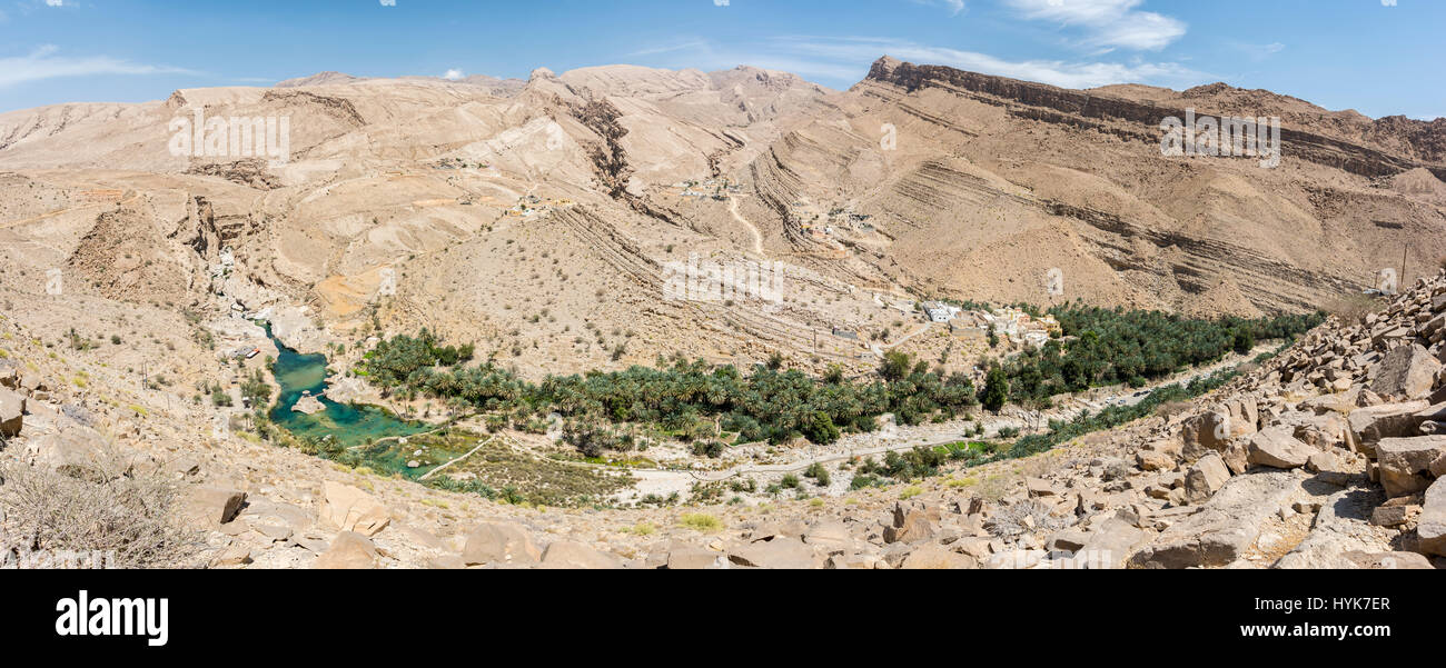 Top view of Wadi Bani Khalid, Sultanate of Oman. We can see the main ...