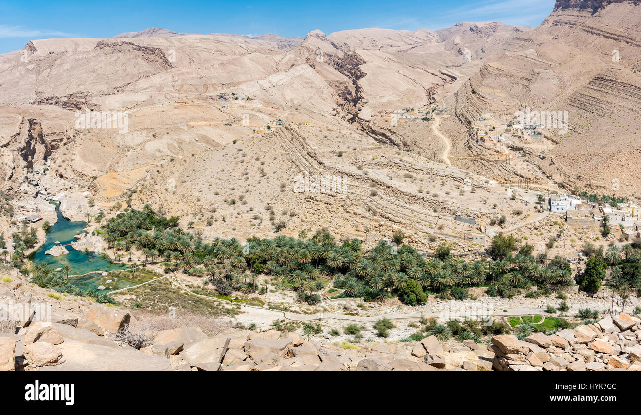 Top view of Wadi Bani Khalid, Sultanate of Oman. We can see the main ...