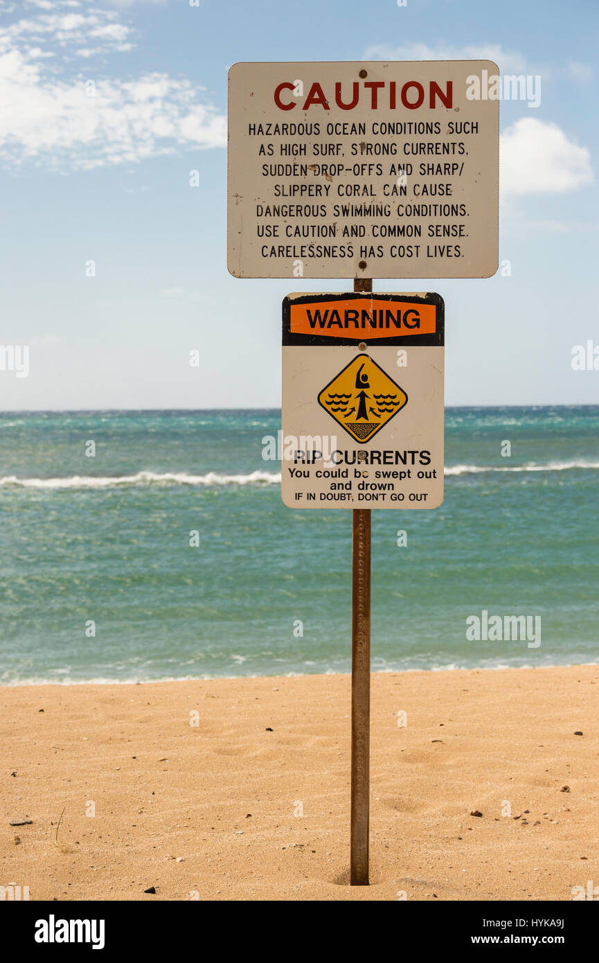 Sign warns swimmers of rip currents, Poipu Beach, Kauai, Hawaii, USA ...