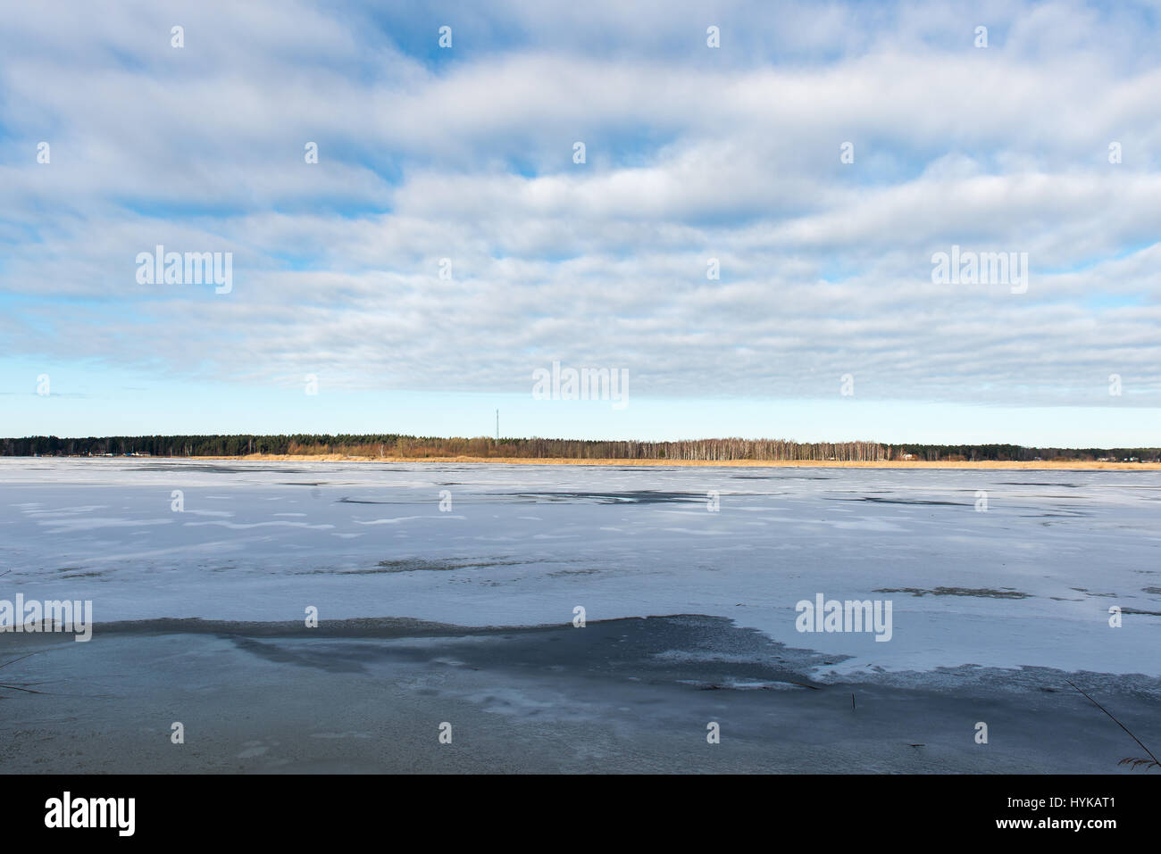 frozen sea beach with blue sky and snow covered tracks Stock Photo - Alamy