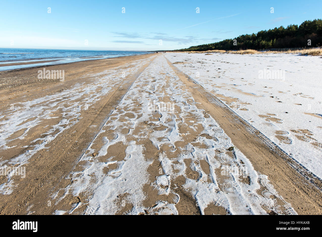 frozen sea beach with blue sky and snow covered tracks Stock Photo - Alamy